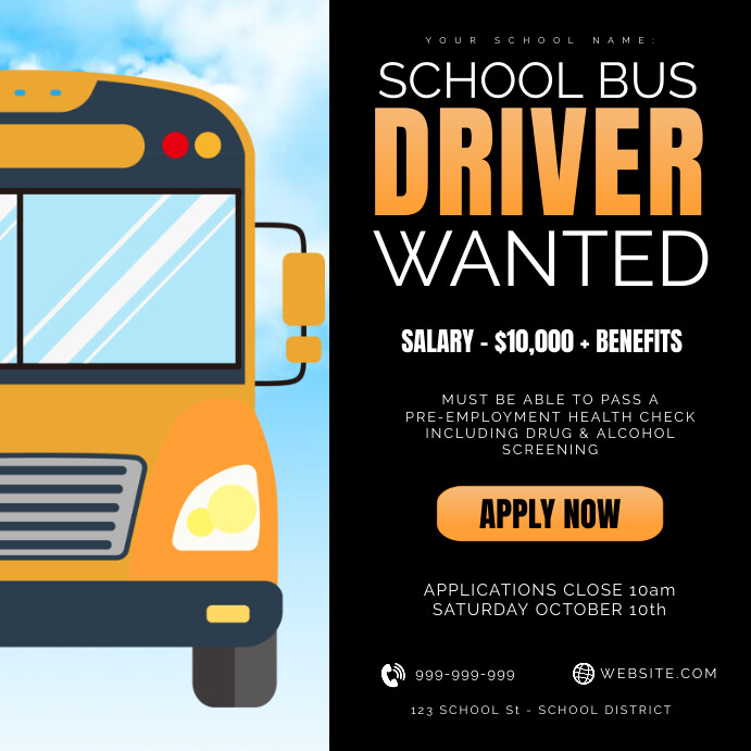 Copy of Black School Bus Driver Wanted Instagram Post | PosterMyWall
