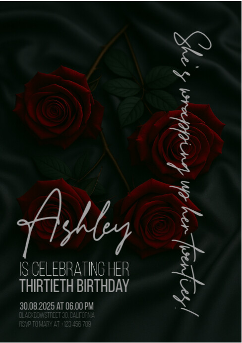 Black Silk and Red roses birthday party invitation Template | PosterMyWall