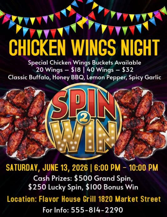 Plantilla de Black Spin To Win Cash & Chicken Wings Night Flyer (us ...