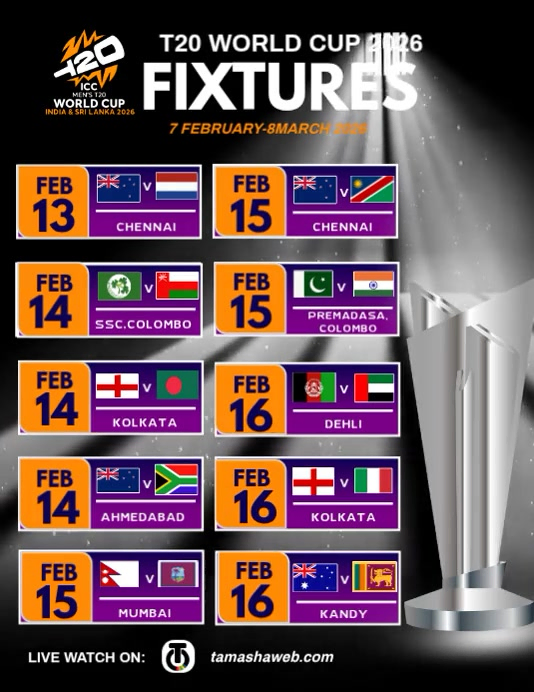 Black T20 World Cup 2026 Fixtures Flyer Video Template | PosterMyWall