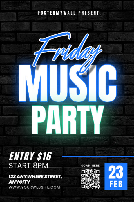 Black Tipografi Friday Music Party Poster Template | PosterMyWall