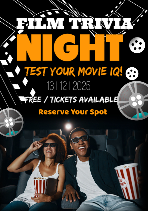 Black Typographic Film Trivia Night A4 Template | PosterMyWall