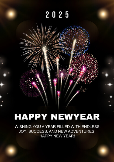 Black Typographic Happy New Year 2025 Wishes A4 Template | PosterMyWall