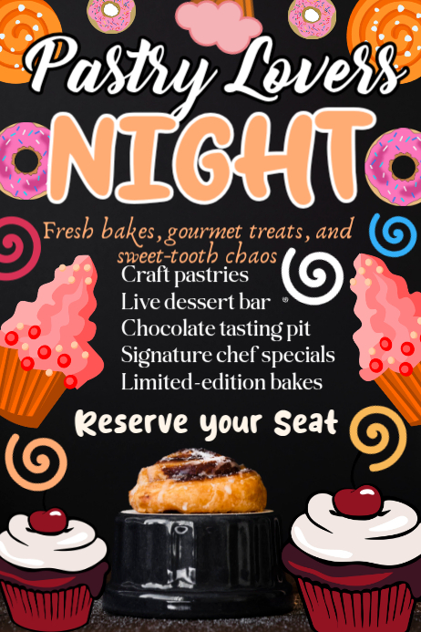 Black Typographic Pastry Lovers Night Poster Template | PosterMyWall