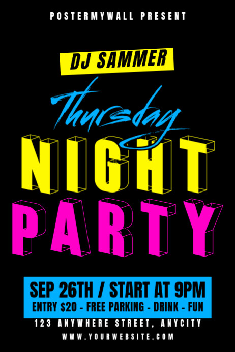 Black Typographic Thursday Night Party Poster Template | PosterMyWall