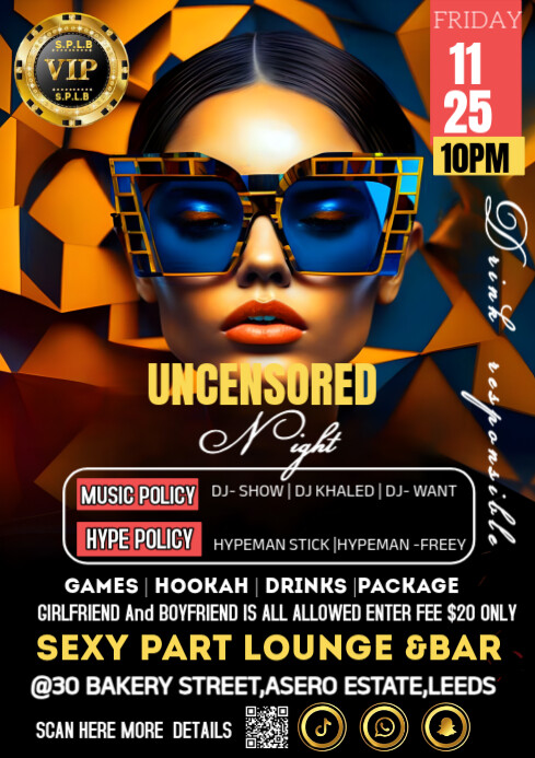 Black Uncensored Night Party Club A4 Template | PosterMyWall