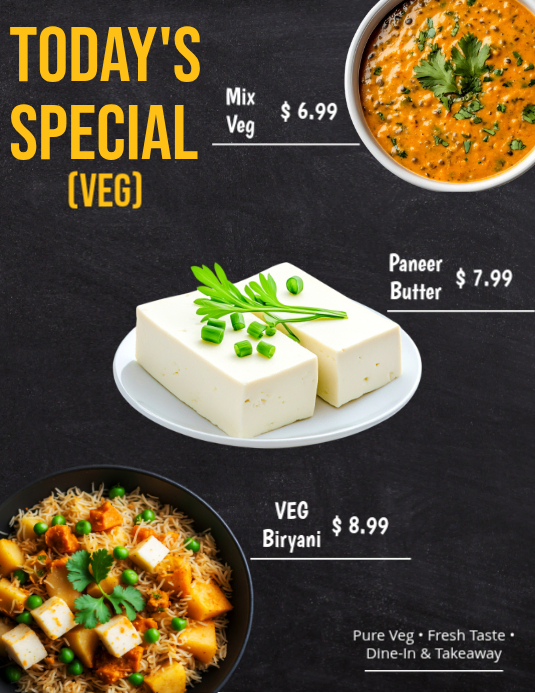 Black Vegetarian Menu Flyer Template | PosterMyWall