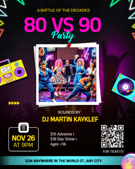 Black Vintage Editable 80s Vs 90s Party Flyer Template | Battle Of The ...