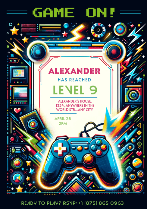 Plantilla de Black Vintage Game On Level Up Video Game Birthday ...