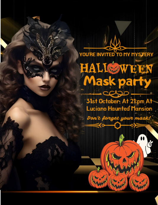 Black Vintage Halloween Mask Party Flyer (us Letter) Template ...