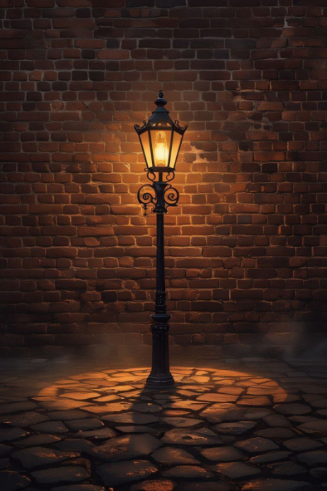 Black Vintage Vintage Street Lamp Against Brick Wall At Night Poster ...