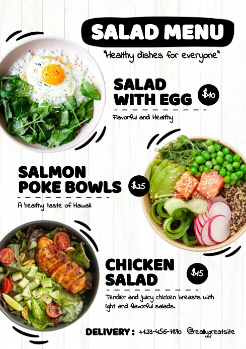Plantilla de Black White Simple Salad Menu | PosterMyWall