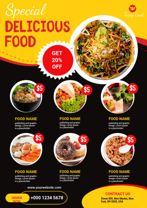Black Yellow Delicious Foods Menu A4 Template | PosterMyWall