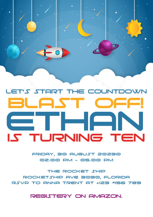 Blast off Space birthday invitation Template | PosterMyWall