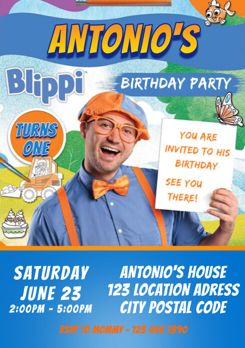Blippi Birthday Invitation Template A4 Color templaat | PosterMyWall