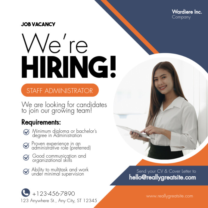 Blue, Orange, and White We Are Hiring Job Vacancy Instagram Post ...