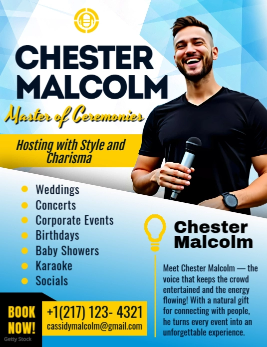 Blue, White and Yellow Professional Mc Master Of Ceremonies Booking ...