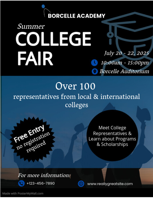 Blue & Black Modern Summer College Fair Flyer Template | PosterMyWall