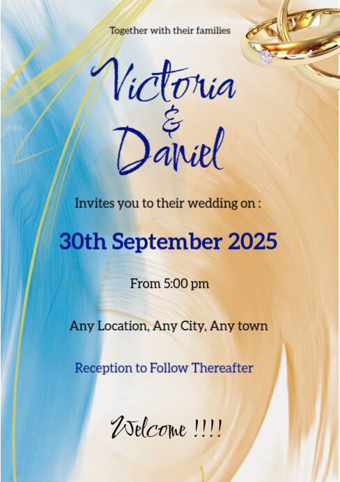 Blue & Gold Wedding Invitation Card Template | PosterMyWall