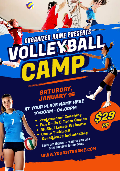 Copy of Blue & Orange Professional Volleyball Camp A4 Flyer | PosterMyWall