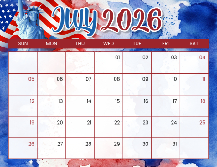 White July 2026 Calendar Flyers Template | PosterMyWall