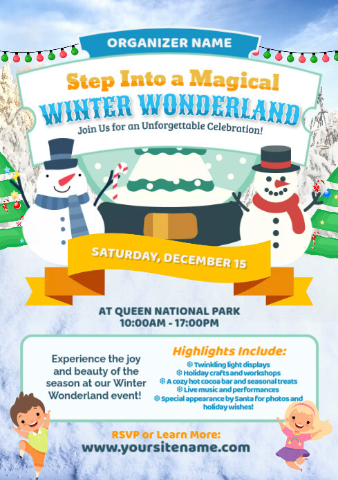 Blue & White Joyful Winter Wonderland A4 Flyer Template | PosterMyWall