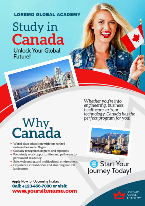 Blue & White Professional Study In Canada A4 Template | PosterMyWall