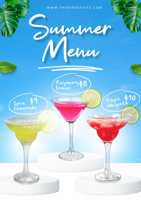 Blue 3d Summer Menu Drinks A4 Template | PosterMyWall