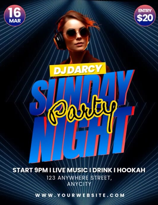 Blue 3d Sunday Night Party Pamflet (letter As) Template | PosterMyWall