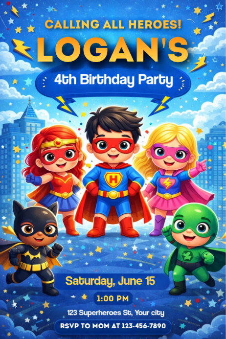 Blue 3d Super Hero Squad Birthday Bash Poster Template | PosterMyWall