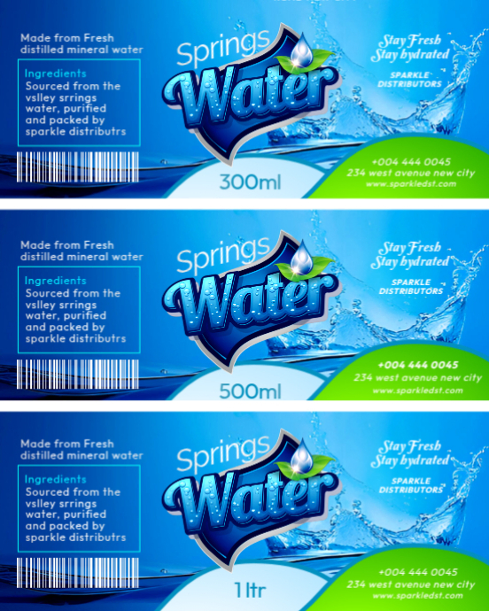 Copy of Blue 3d Water Bottle Labels Stickers Custom Mineral Drink ...