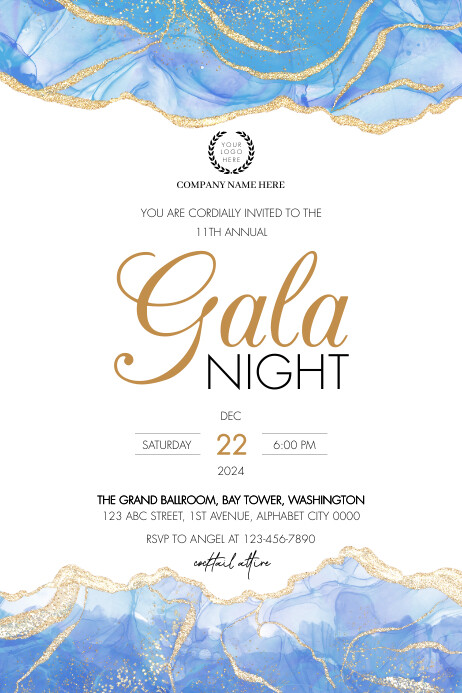 Blue and Gold Agate Gala Invitation Poster Template | PosterMyWall