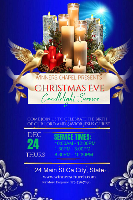 Blue and gold Christmas Eve Candle light Church service poster/flyer ...