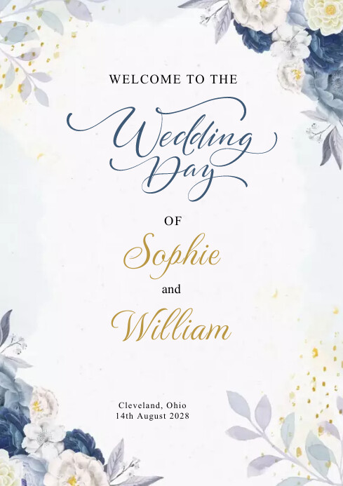 Blue and Gold Floral Wedding sign Template | PosterMyWall