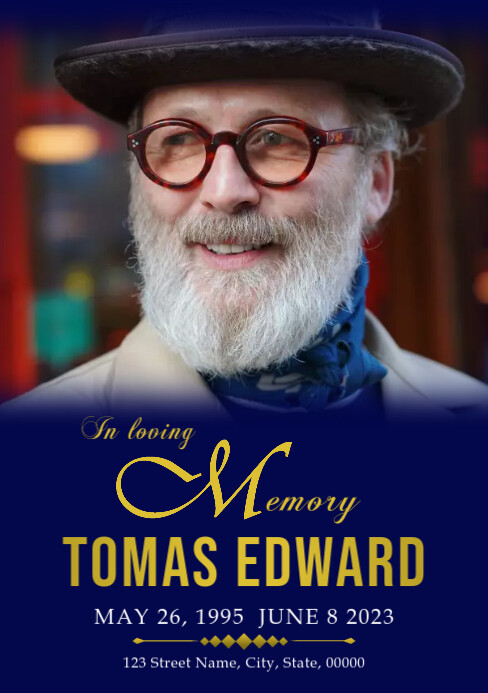 Blue and gold Funeral Program Template | PosterMyWall