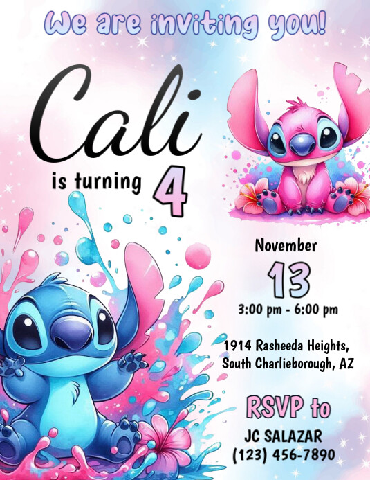 Blue and Pink Stitch Birthday Invitation Template | PosterMyWall