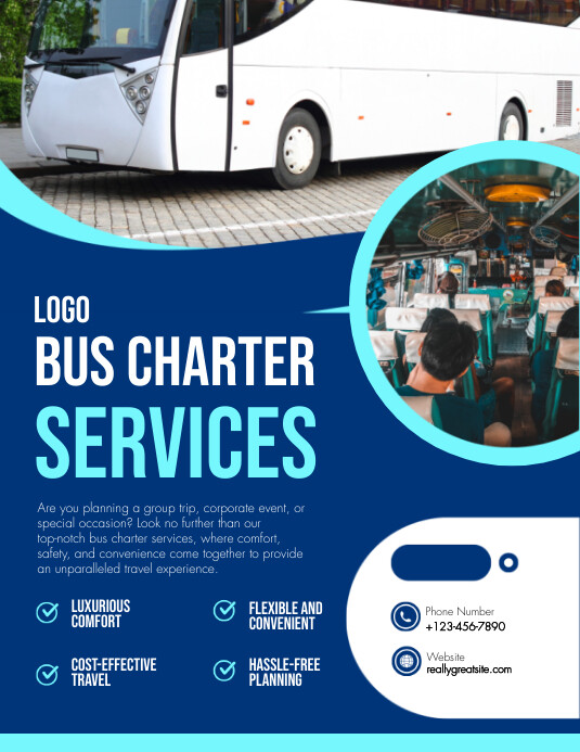 Blue and Teal Modern Bus Charter Services Fly Template | PosterMyWall