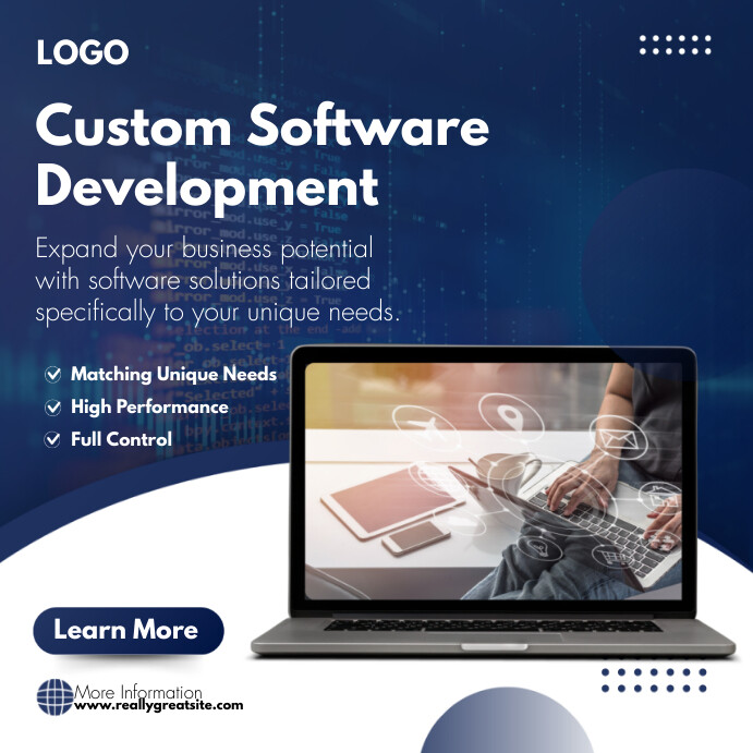 Blue and White Modern Custom Software Develop Templat | PosterMyWall