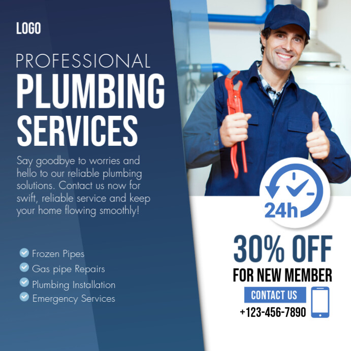 Blue and White Modern Plumbing Services Insta Template | PosterMyWall
