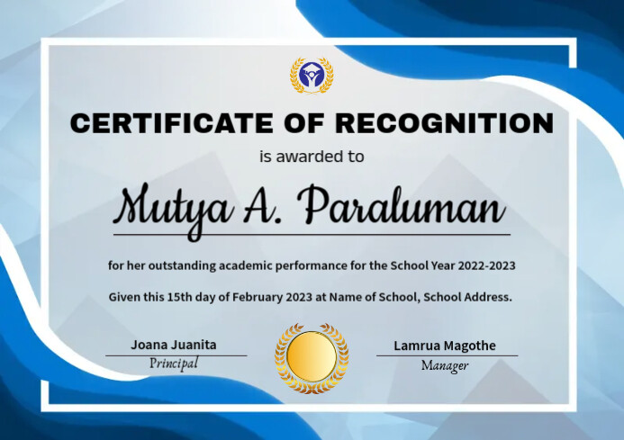 Blue and White Modern Recognition Certificate Template | PosterMyWall