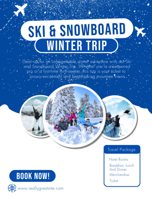 Blue and White Modern Ski and Snowboard Winter Trip Flyer Template ...