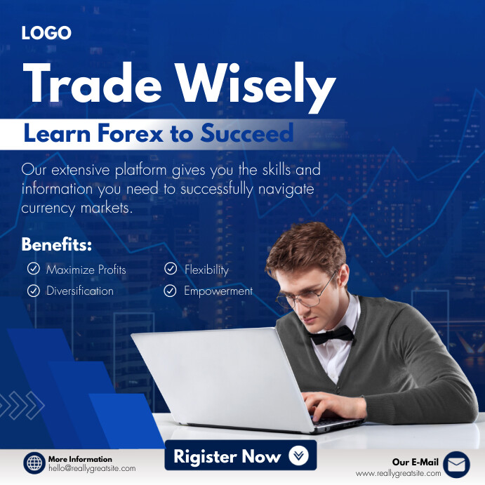 Blue And White Modern Trade Wisely Learn Fore Template | PosterMyWall