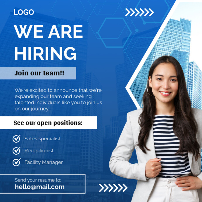 Blue and White Modern We're Hiring Instagram Post Template | PosterMyWall
