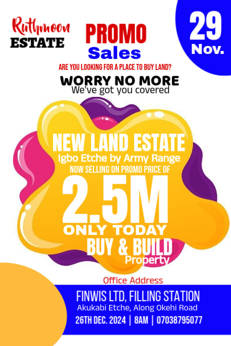 Blue and yellow maximalist land promo sales poster Template | PosterMyWall