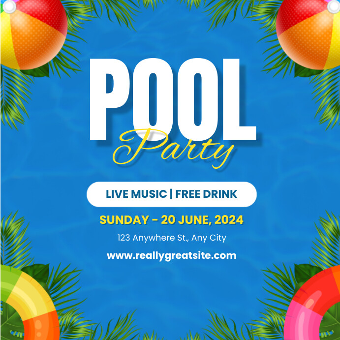 Blue And Yellow Minimalist Pool Party Instagr Template | PosterMyWall