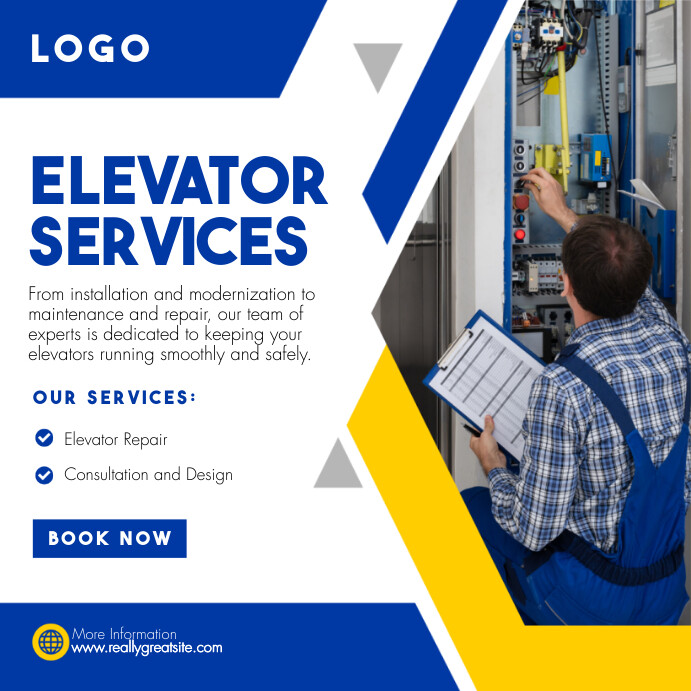 Blue And Yellow Modern Elevator Services Inst Template | PosterMyWall