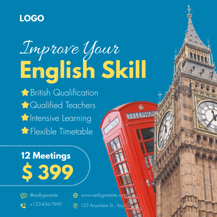 Blue And Yellow Modern English Course Promoti Template | PosterMyWall