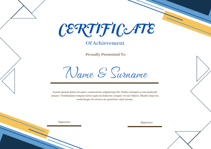 Blue and Yellow Modern Geometric Certificate A4 Document Template | PosterMyWall
