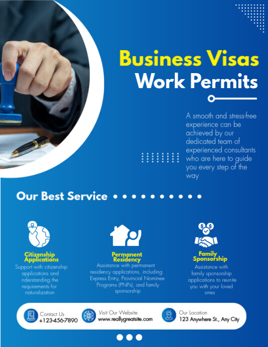 Plantilla de Blue and Yellow Modern Immigration and Visa Consulting ...