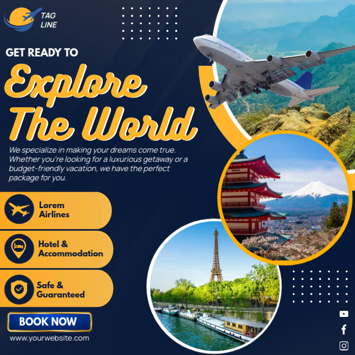 Blue and Yellow Modern Travel Promotion Template | PosterMyWall